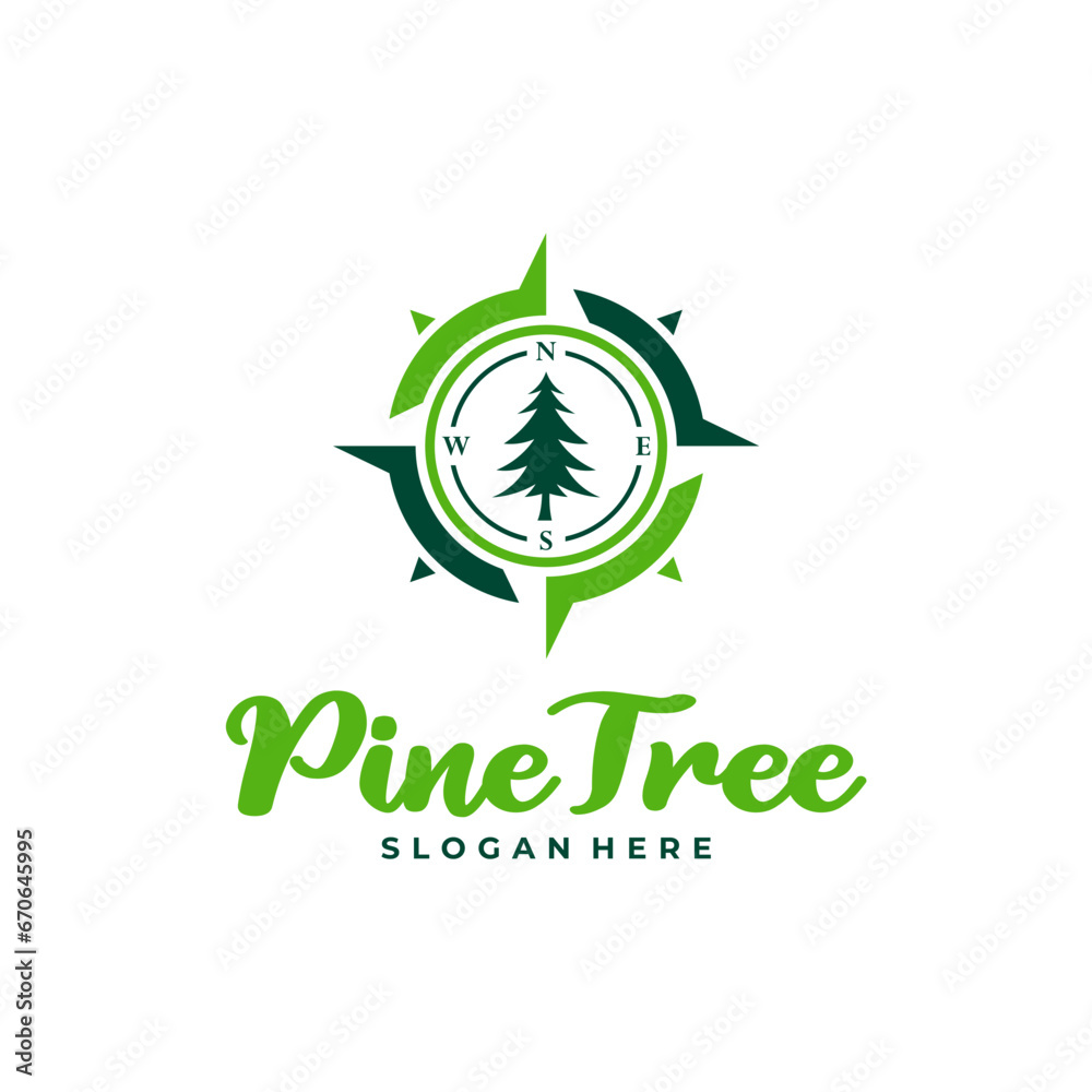 Pine Tree with Compass logo design vector. Creative Pine Tree logo ...