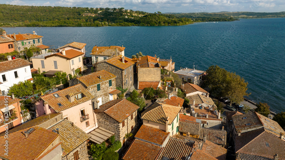 Aerial view of the sloping roofs of the houses in the historic center ...