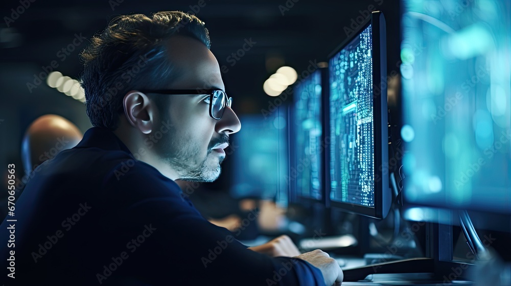 A male trader at work on a computer with a multi-monitor workstation with various charts and ...