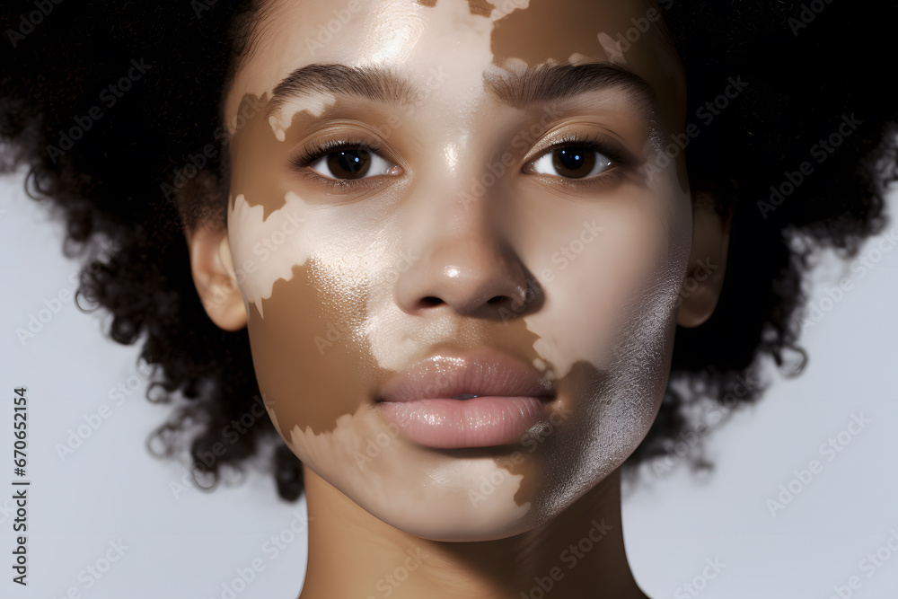 Face of afro american woman with white patches caused by medical ...