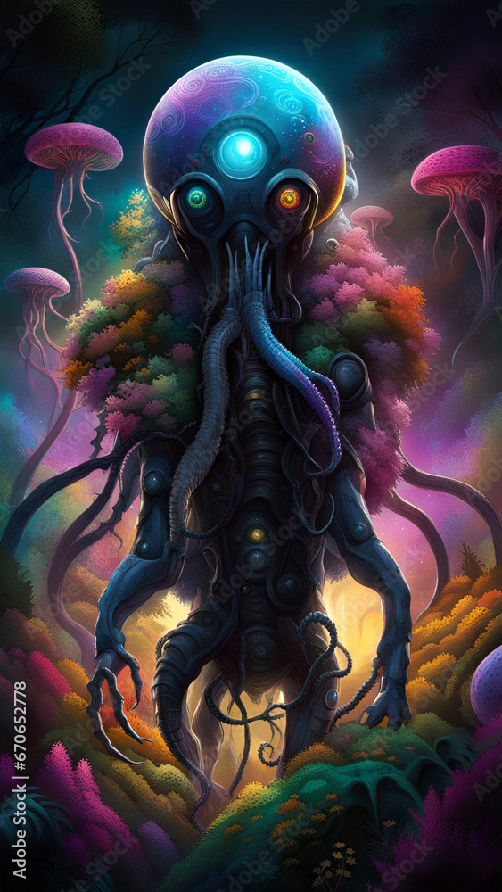 alien cyborg exploring alien planet with many plants, science fiction ...