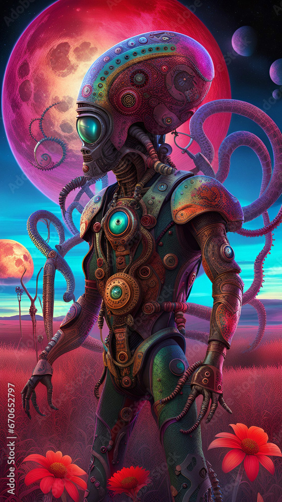 alien cyborg exploring alien planet with many plants, science fiction ...