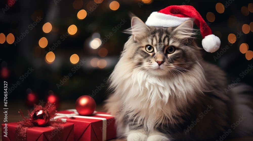 Norwegian forest cat in a Santa Claus hat portrait: presents, blurred ...