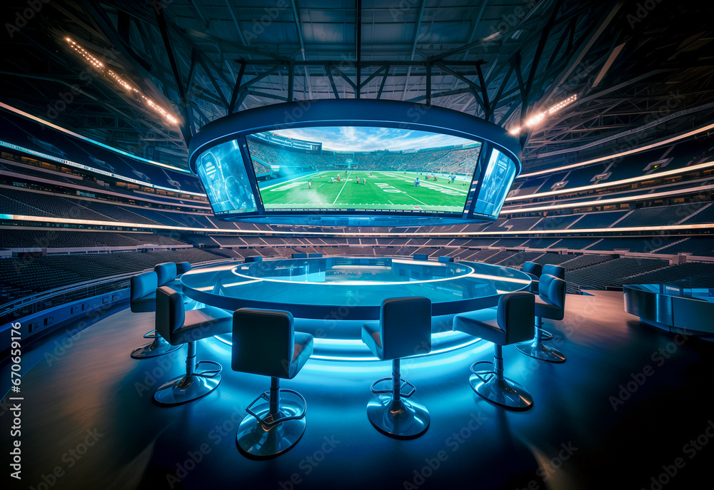 VIP lounge of an American football stadium where there are TV screens ...