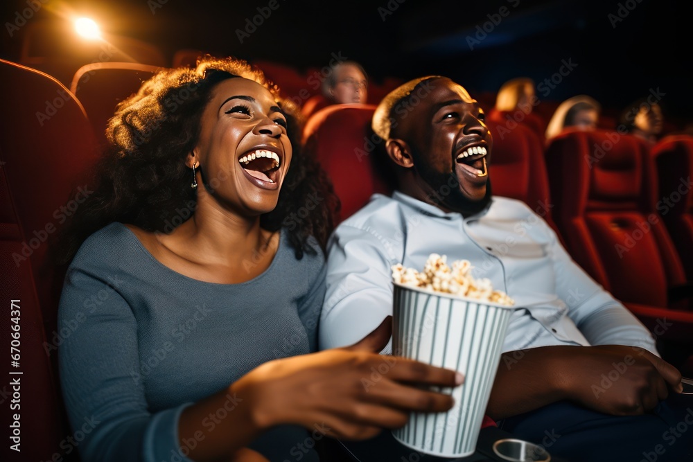 African American couple watching movie with yummy popcorn sharing ...