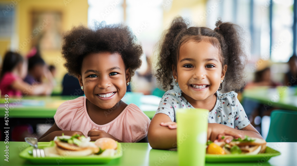 Group of preschoolers sitting in the school cafeteria eating lunch ...