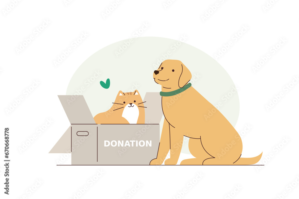 Sheltered animals, stray dog and homeless cat near charity box asking ...