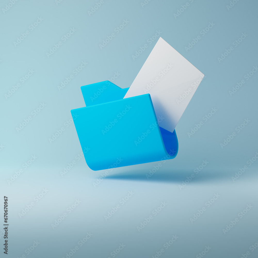 Blue folder with blank paper isolated over grey background. Mockup ...