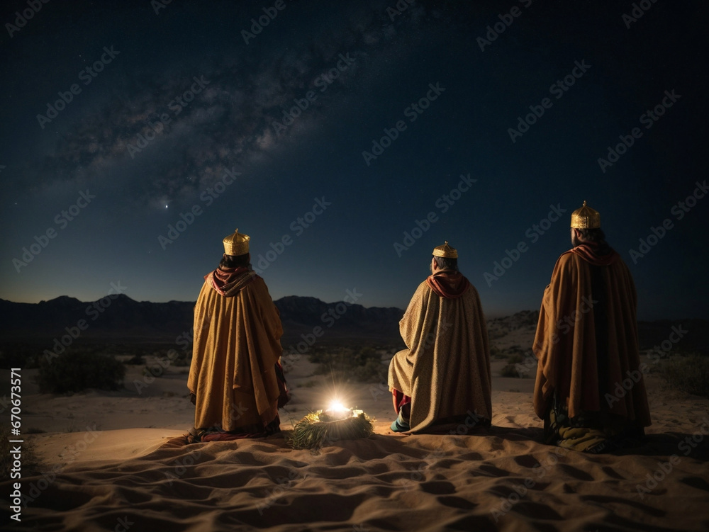 portrait of the three wise men crossing the desert under the stars on a ...