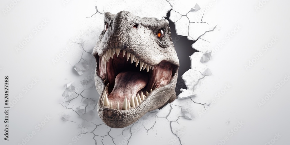 Cute T-Rex peeking out of a hole in wall, torn hole, empty copy space ...