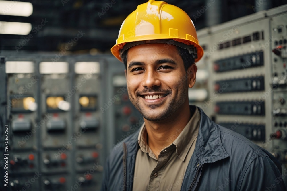 Portrait of proud smiling electrical engineer with hard hat in front of ...