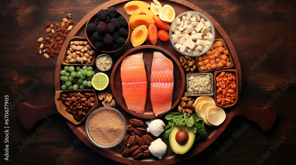 Colorful High Protein food the table with kitchen background and ...