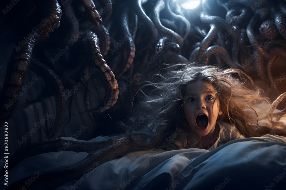 Scared Caucasian girl screaming in bed while sleeping in at night in ...
