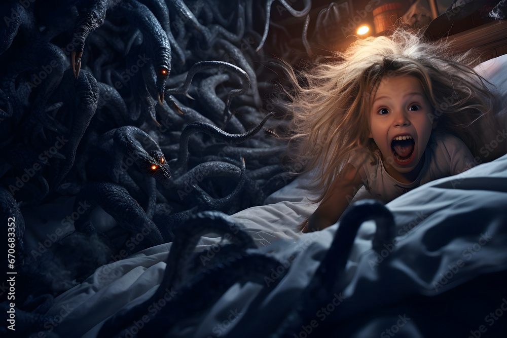 Scared Caucasian girl screaming in bed while sleeping in at night in ...