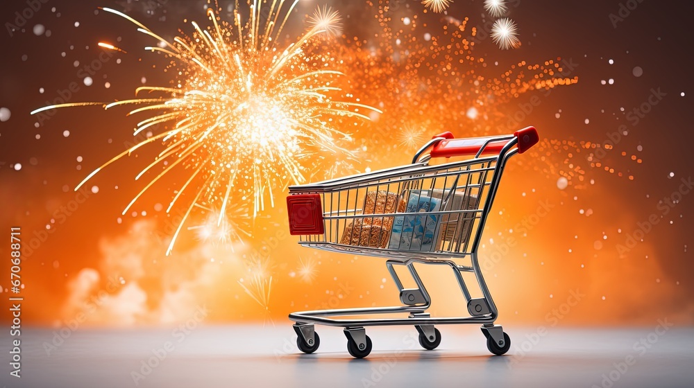 Shopping cart with a marathon of fire sparks and fireworks Stock Photo ...