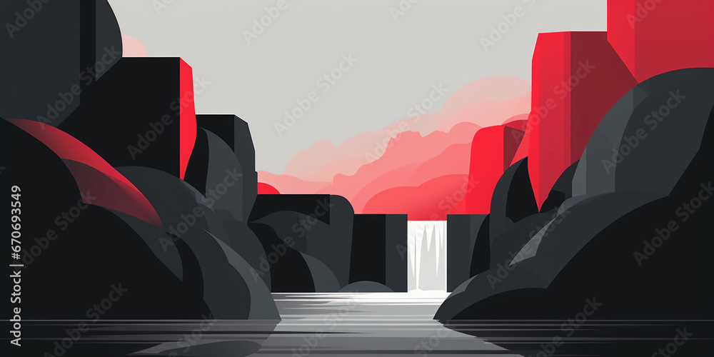 Minimalist digital illustration, simplistic representation of waterfall ...