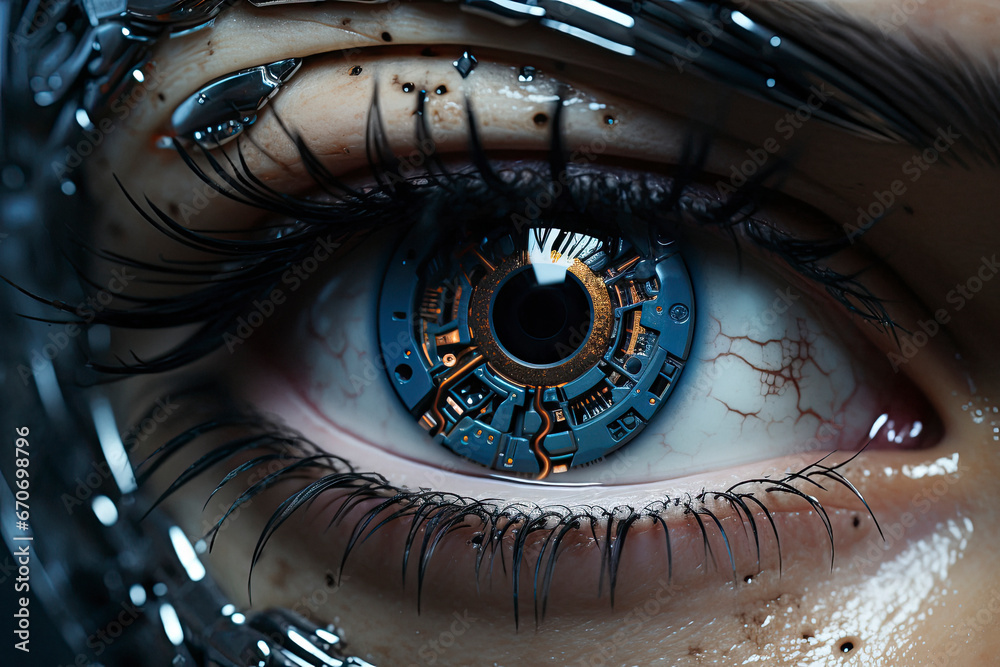 Female eye with overlay of printed circuit board. Concepts of ...