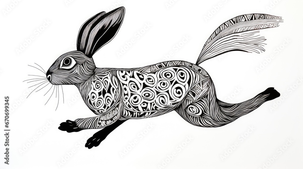a black and white drawing of a rabbit with swirls on it's tail and a ...