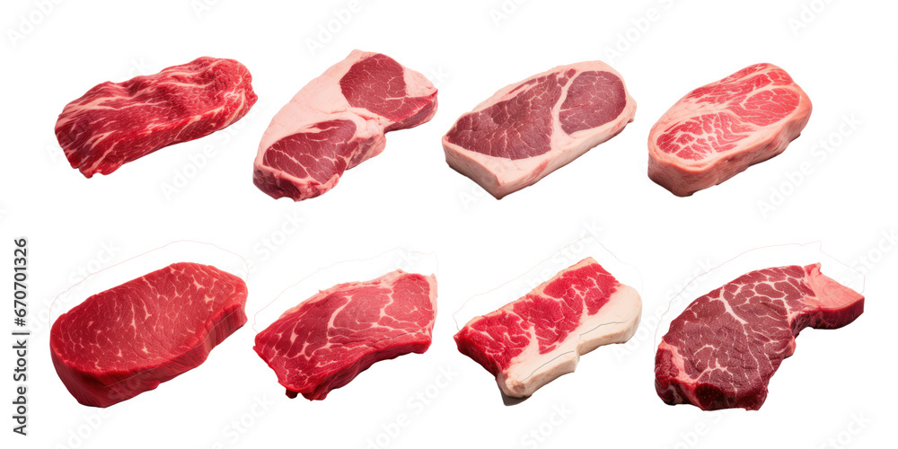 Set of different raw steaks, side view, isolated Stock Photo | Adobe Stock