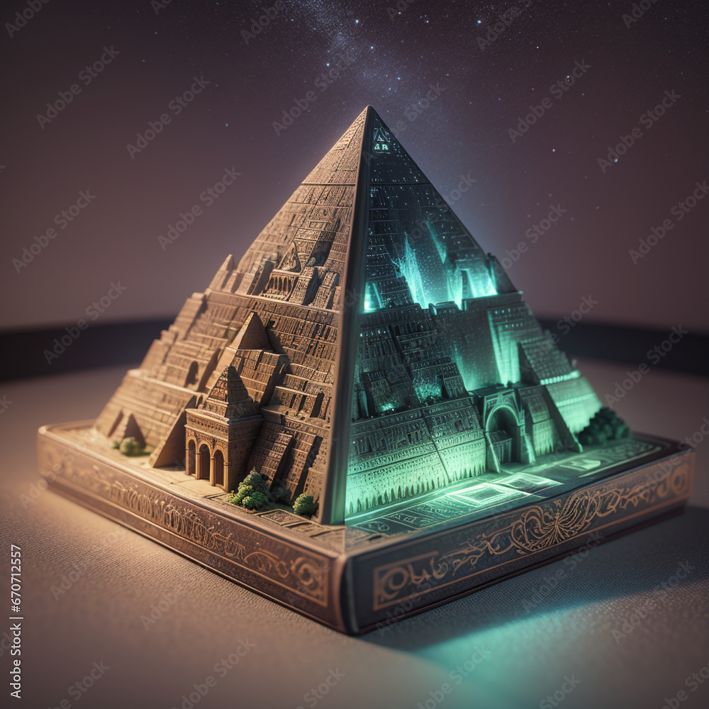 Open holographic magic book with 3d model of pyramids of the city of ...