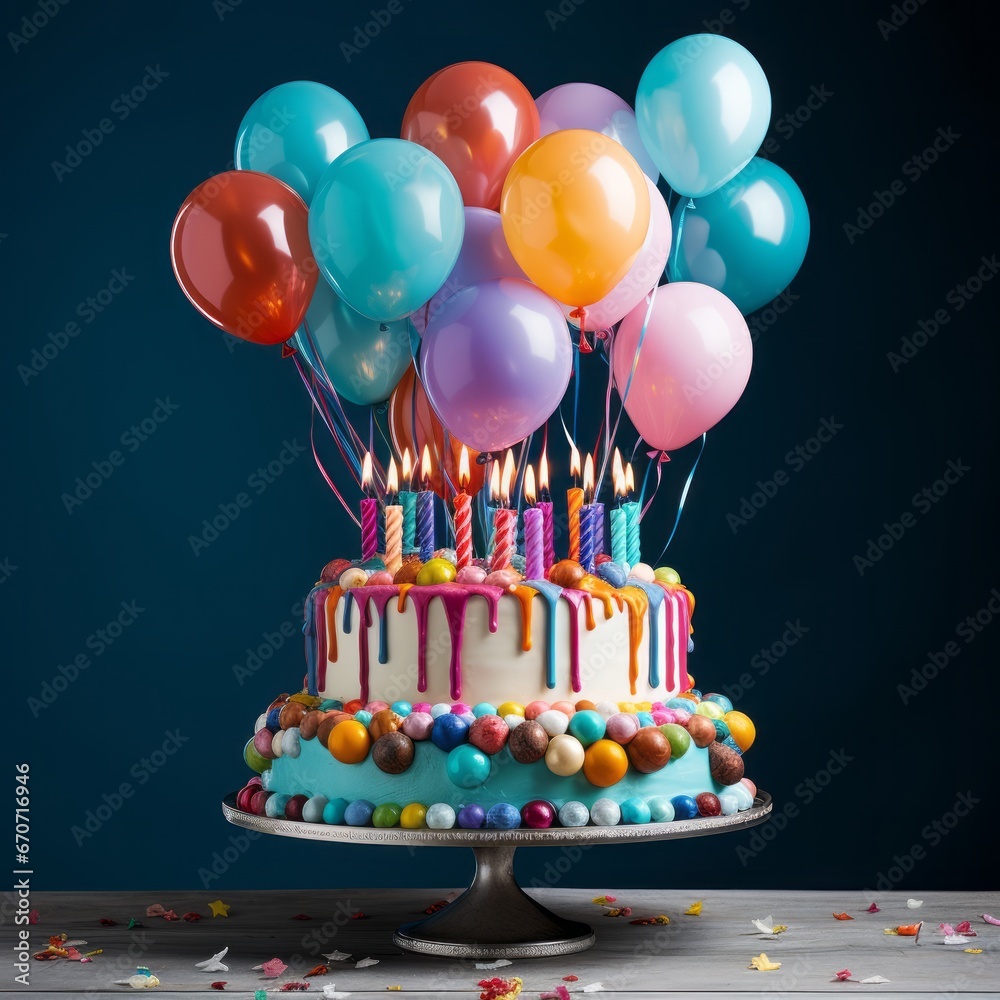 Celebrate with a delightful balloon-themed birthday cake, the candles ...