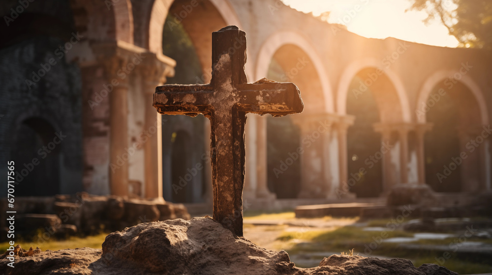 Cross amidst ruins of an ancient church, telling a tale of timeless ...