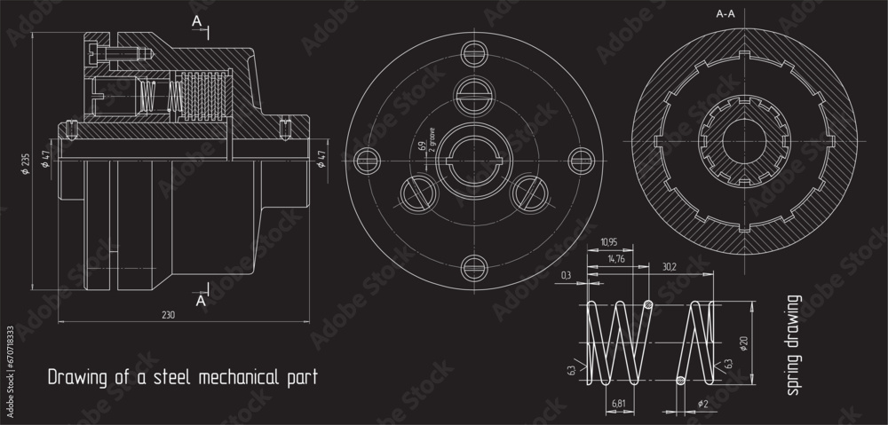 Vector drawing of a steel mechanical part with spring, through holes ...