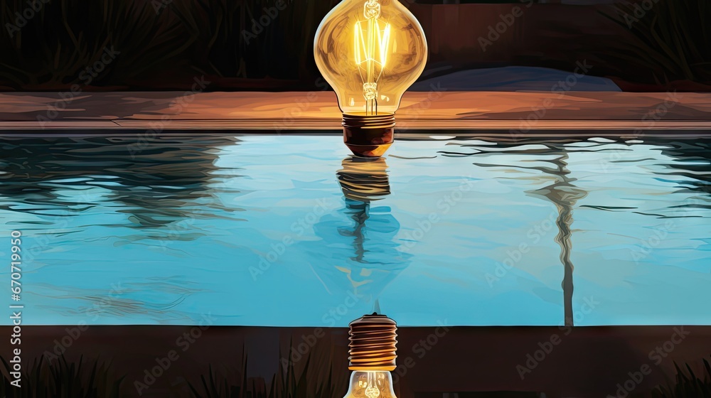 a painting of a light bulb sitting on top of a table next to a pool ...