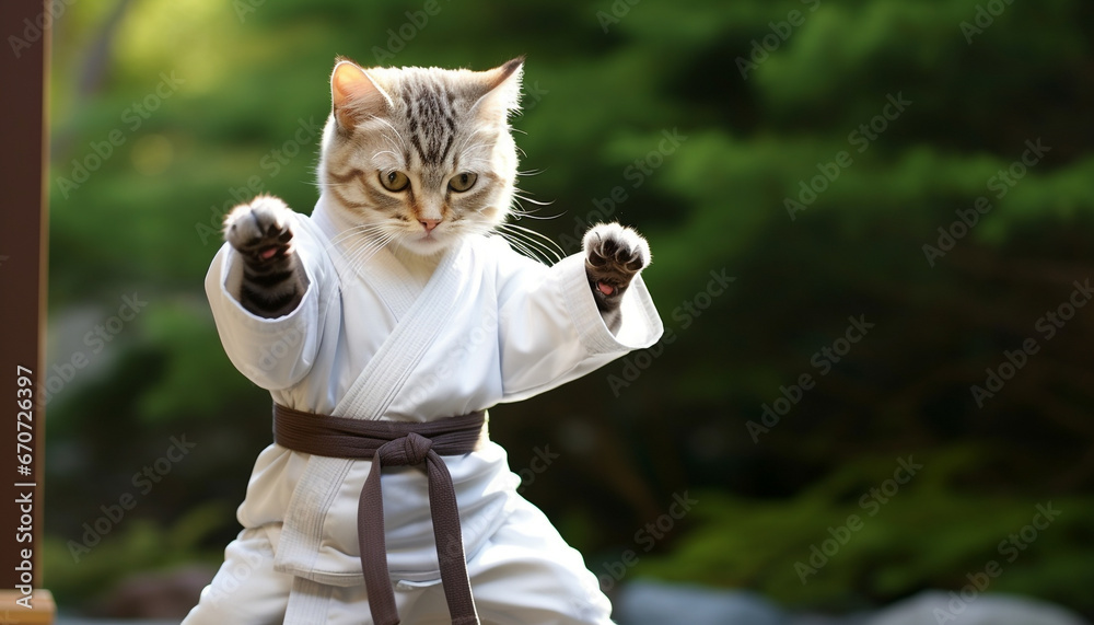 funny karate cat in white kimono at outdoor made with generative AI ...