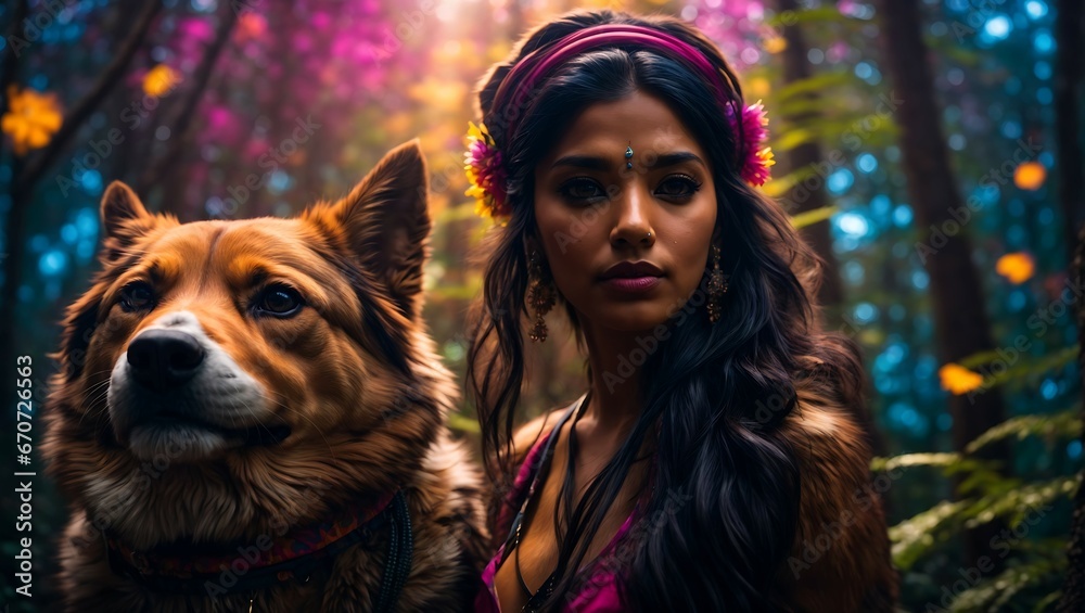 Beautiful Indian woman with dog in the middle of a forest, psytrance ...