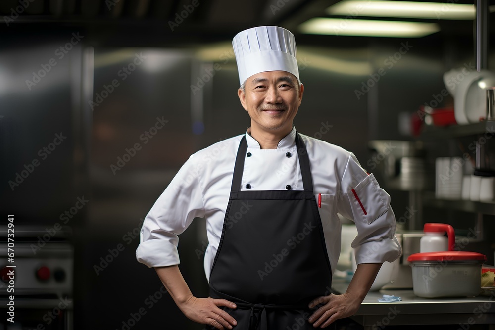 Asia male chef wearing chef's uniform and high chef hat with arms ...