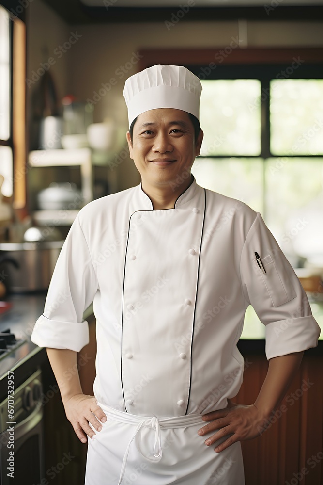 Asia male chef wearing chef's uniform and high chef hat with arms ...