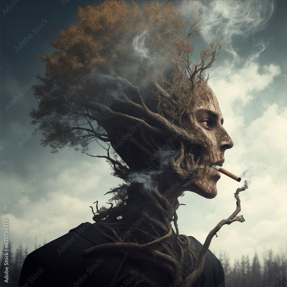 A surreal and thought-provoking image of a person smoking a cigarette ...