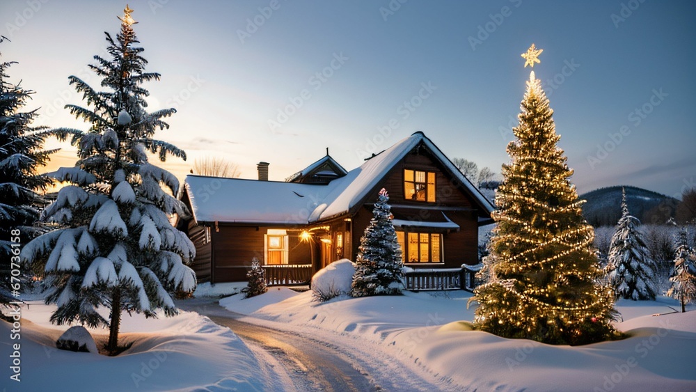 Weihnachtlich dekoriertes Haus in verschneiter Landschaft mit ...