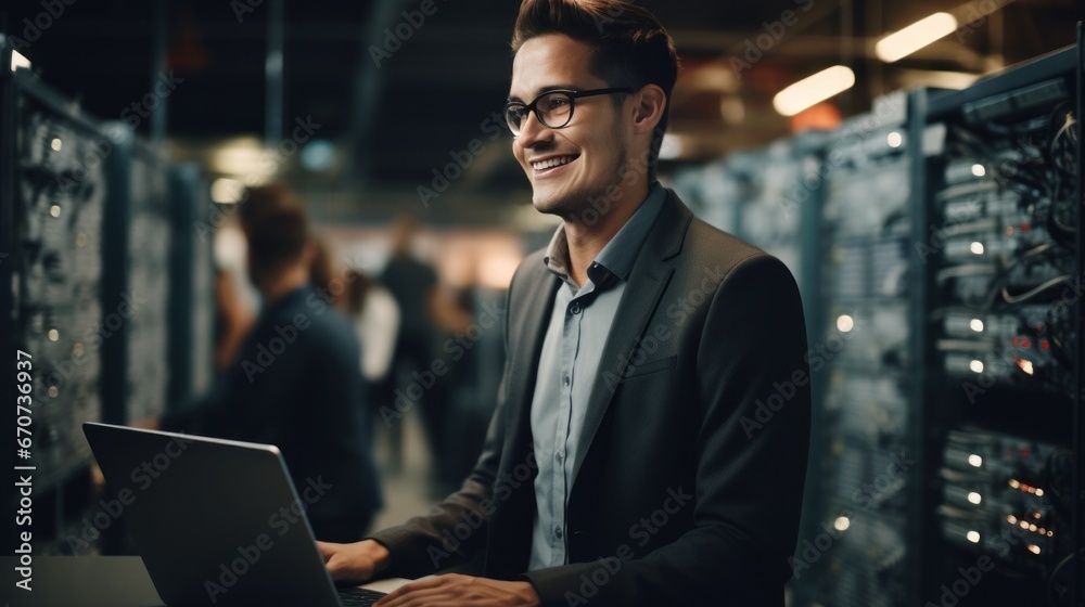 A poised technician system administrator computer, data analyst stand ...