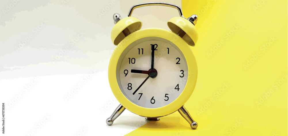 Yellow alarm clock on a white-yellow background vector. Alarm clock ...