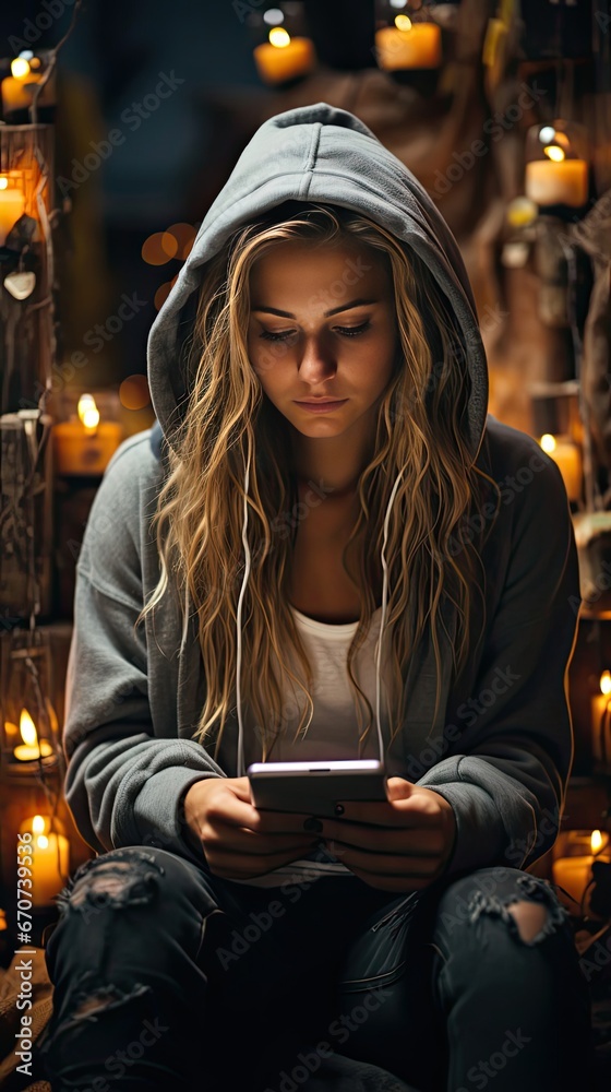 Upset and depressed girl holding smartphone sitting on college campus ...