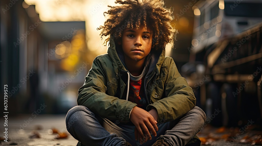 Young boy sitting alone with sad feeling at school. Depressed african ...