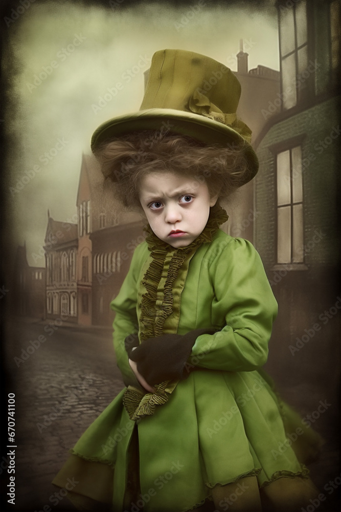 Victorian era illustration of a stern looking child wearing a green ...