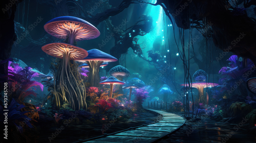 Fantastic Alien Jungle With Alien Flora And Mutant Plants. Luminescent ...