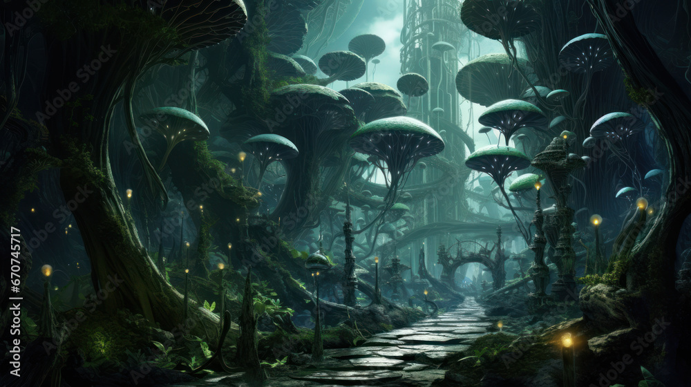 Fantastic Alien Jungle With Alien Flora And Mutant Plants. Luminescent ...
