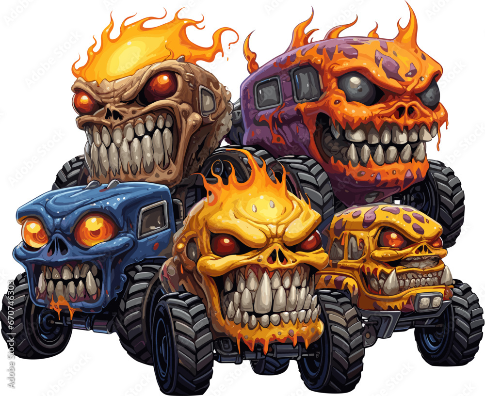 Monster trucks group. Cars beasts with bared teeth and bloodshot eyes ...