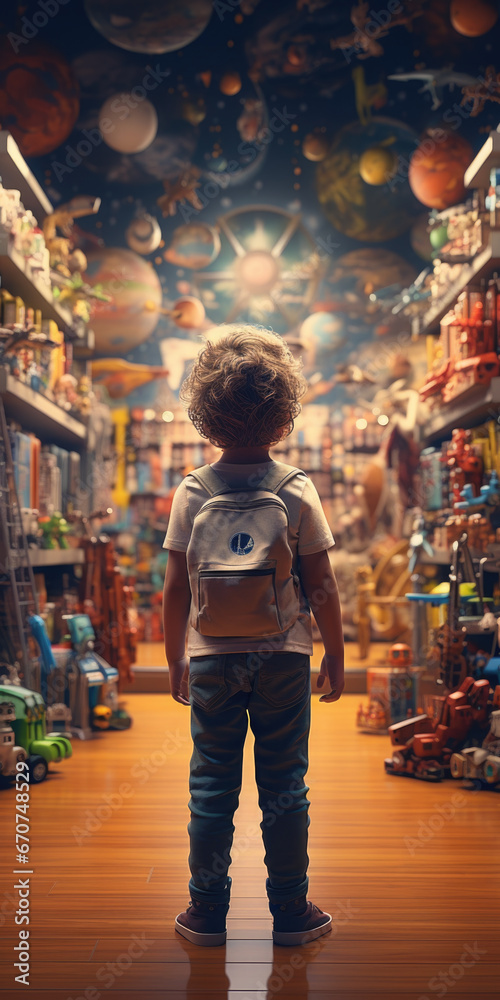 A little boy standing in a toy store. This image can be used to depict ...