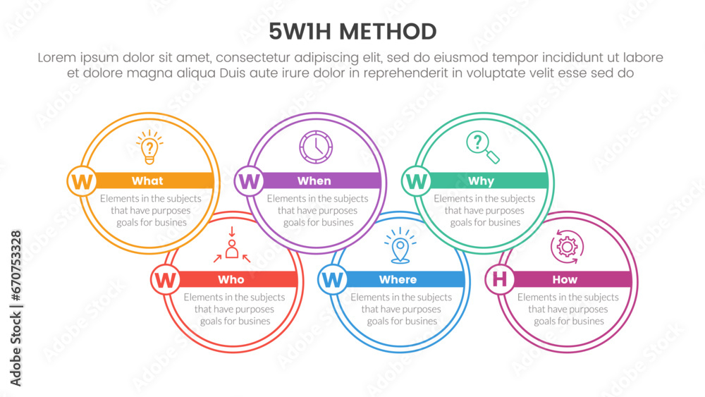5W1H problem solving method infographic 6 point stage template with big ...