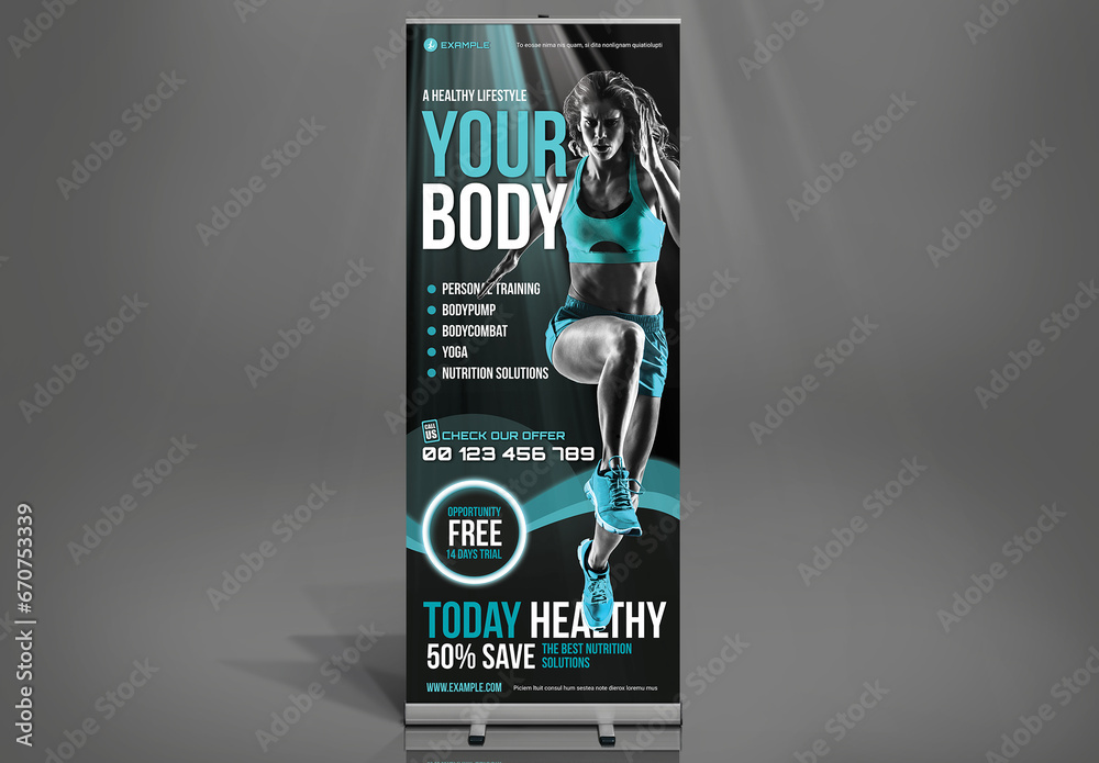 Modern Femine Sport Gym Roll-up Banner in Dark Colors and Cyan Blue ...