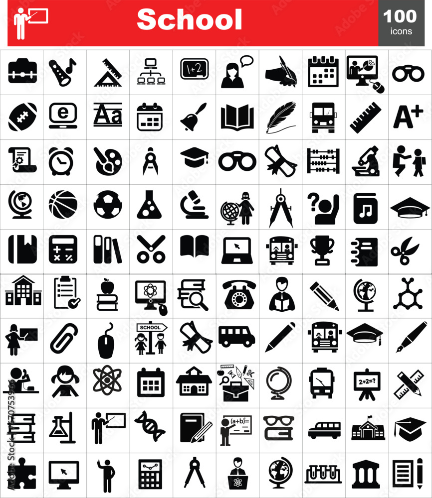 100 School icon set. Containing classroom, students and teacher icons. Education and knowledge ...