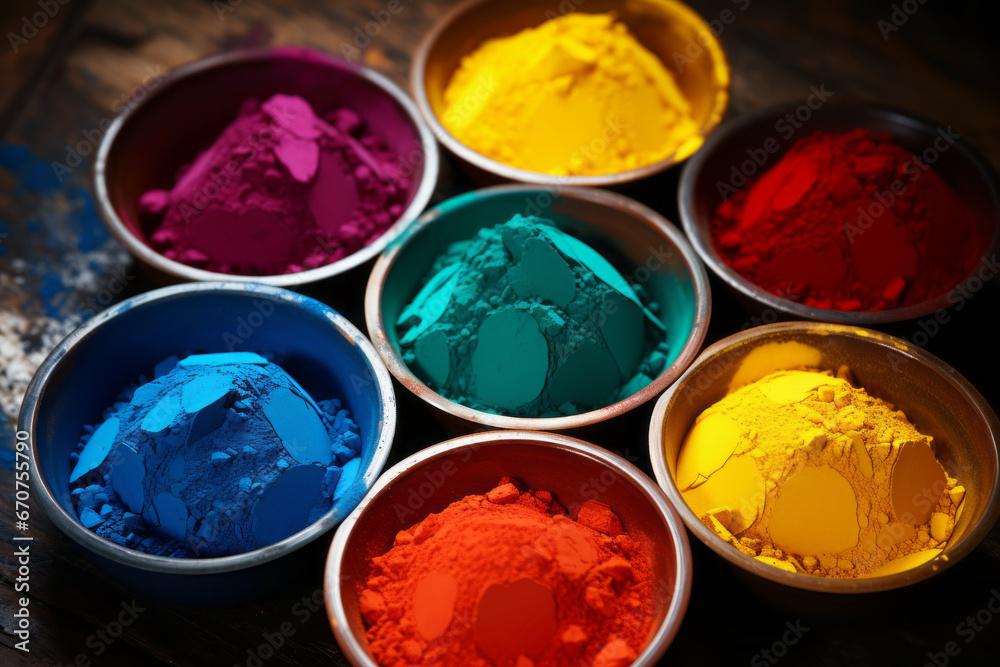 Colorful powder paints in pots at a market in India. Festival of colors ...