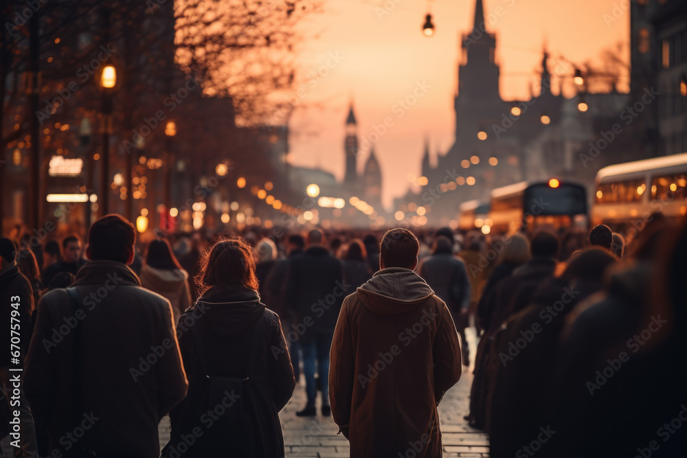 In an autumn sunset, a crowded European street comes to life with ...