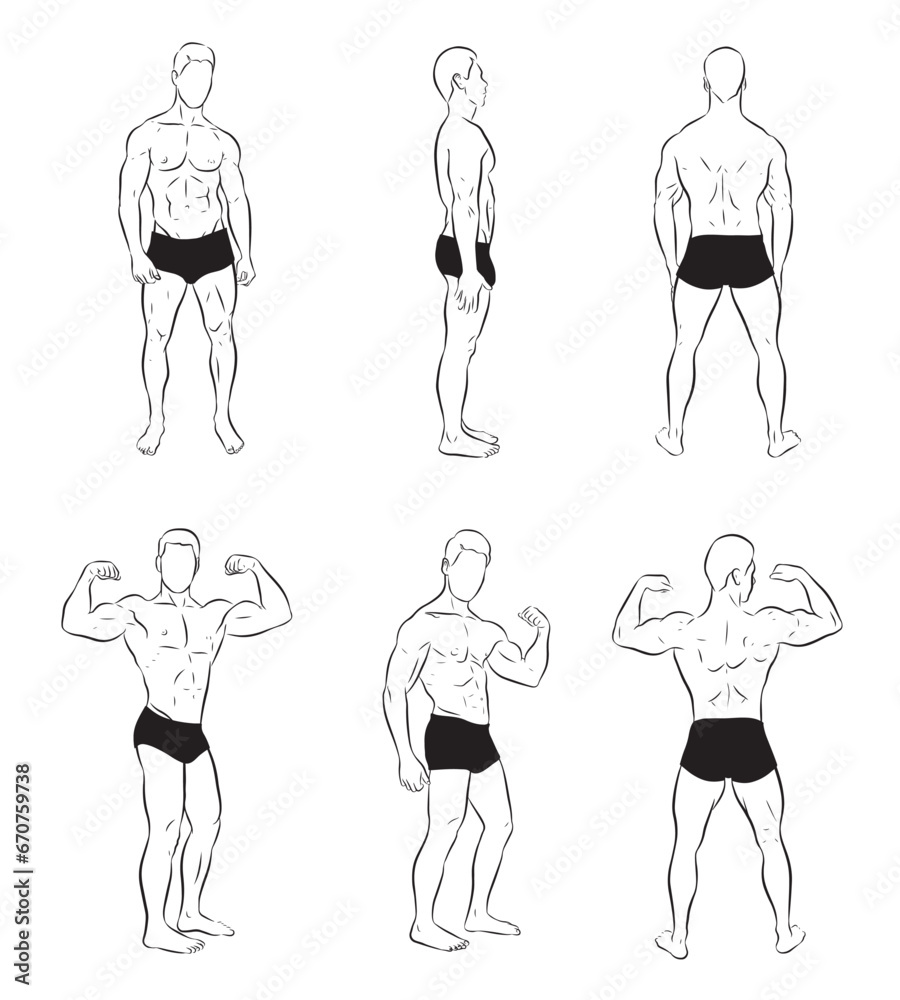 Set of illustrations of a young weightlifter with front, side and back ...