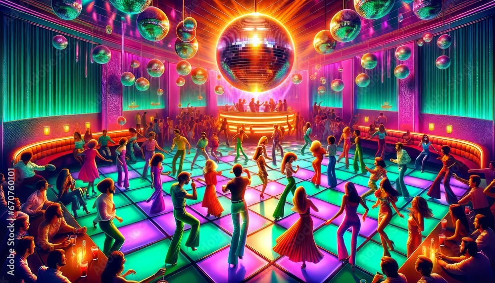 Vibrant 1970s disco scene with people dancing under colorful lights and ...